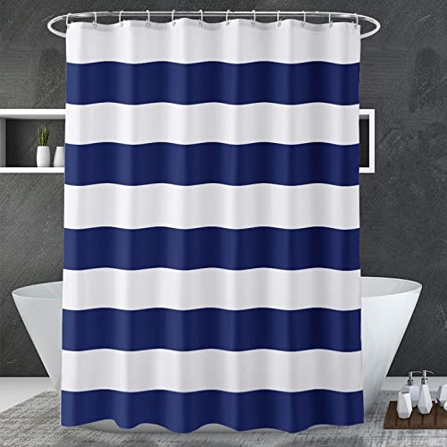 AmazerBath Navy Blue Shower Curtain Stripes, 72" W x 72" H Blue and White Shower Curtain, Fabric Shower Curtain for Bathroom, with 2 Heavy Stones