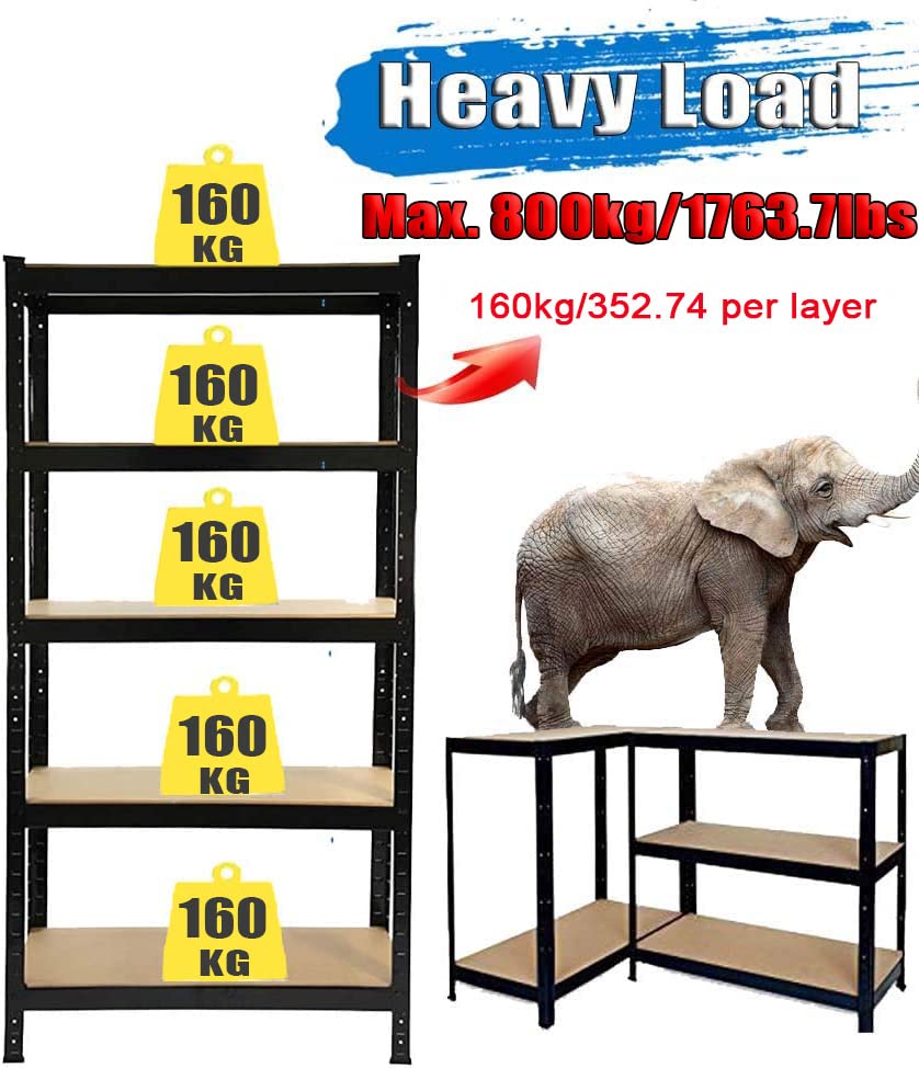 5 Tiers Storage Rack Heavy Duty Shelf Steel Shelving Unit 1929lbs High Weight Capacity Adjustable Garage Shelves for Garage, Kitchen, Pantry, Laundry, Office - 29.53" W x 11.81" D x 66.93" H, Black