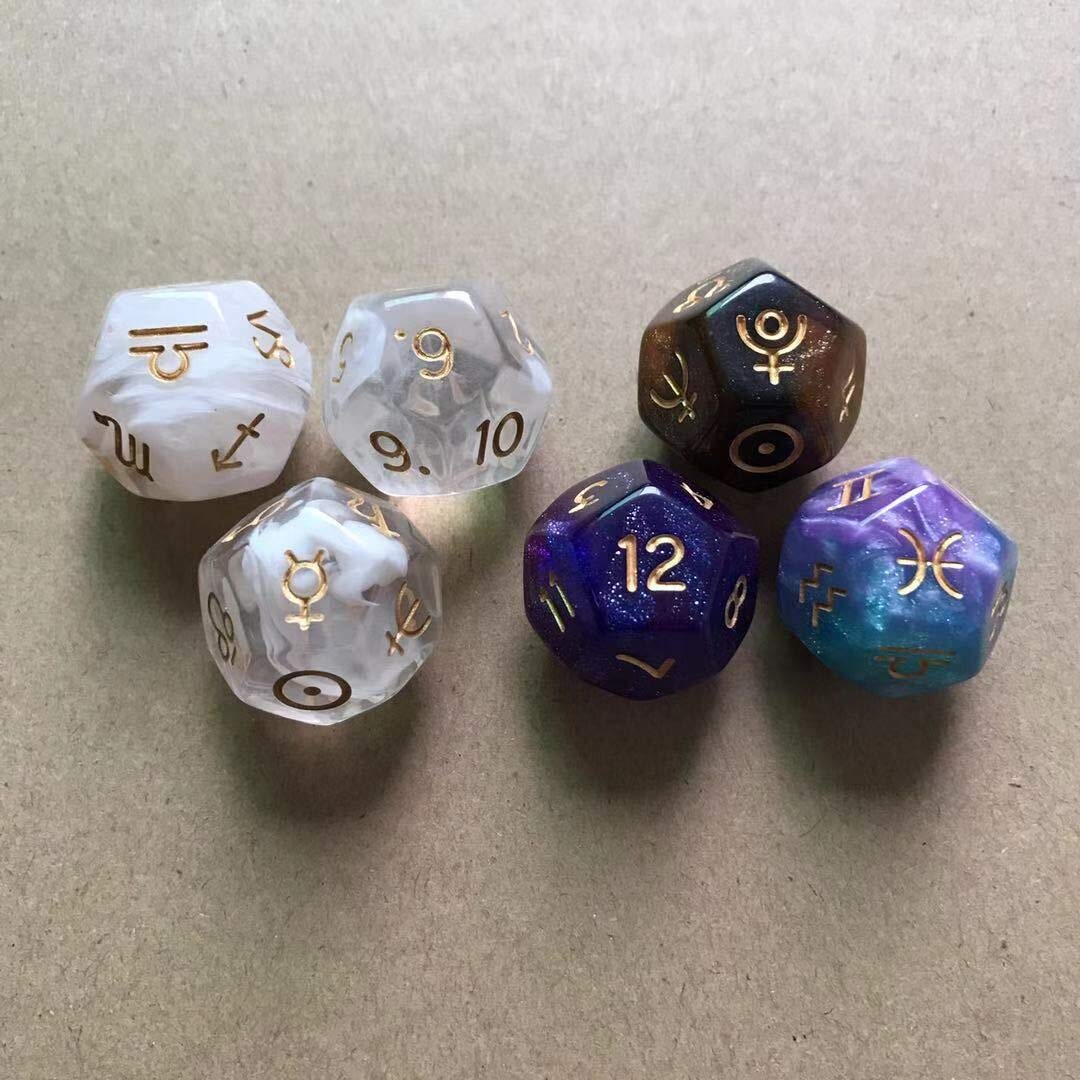 6Pcs/Set Astrological Dice Astrology Tarot Card Constellation Divination Zodiac Dice Set 12-Sided Polyhedral Dice
