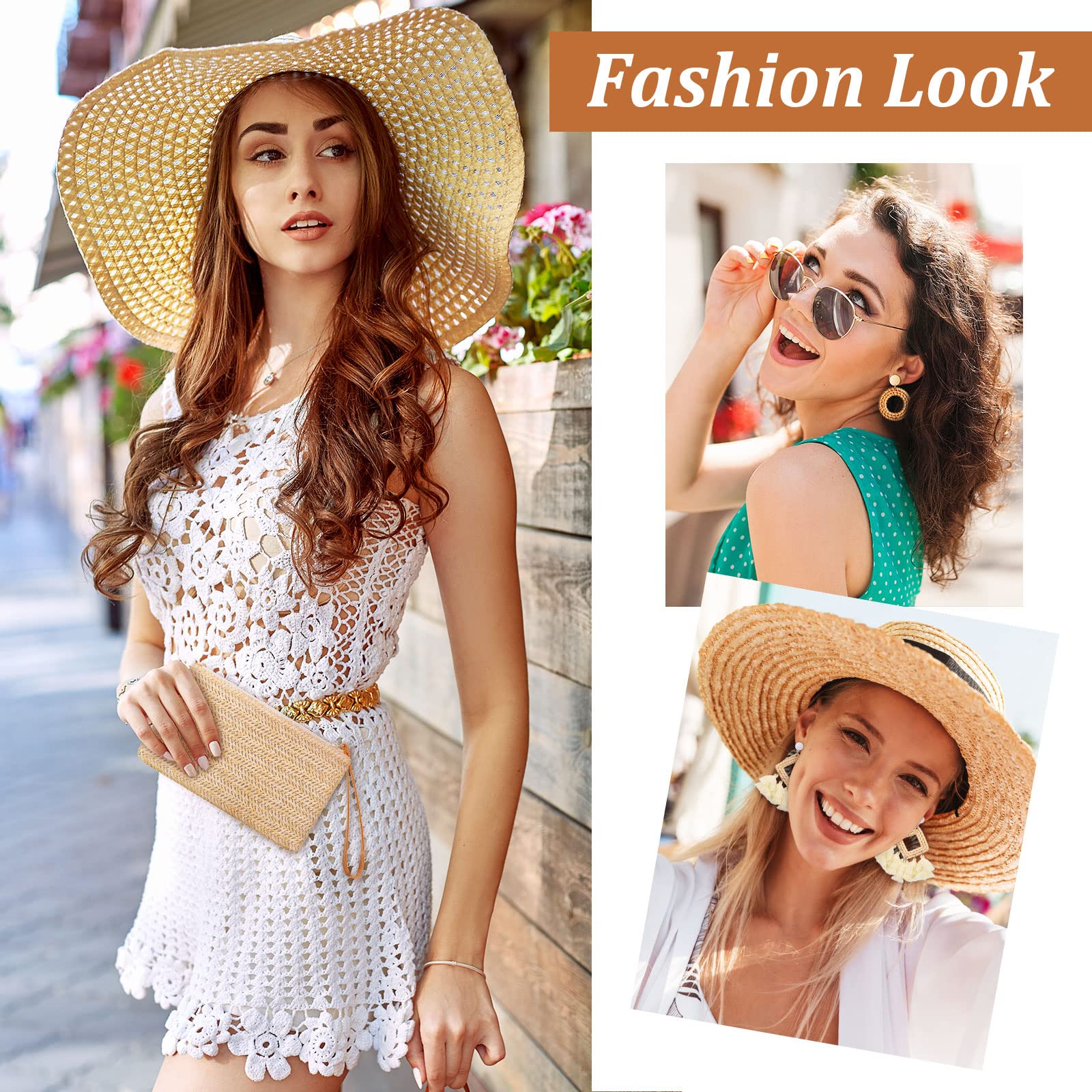 2 Pcs Women's Straw Clutch Purse and 4 Pairs Rattan Earrings Lightweight Boho Geometric Woven Straw Earrings (Elegant Style)