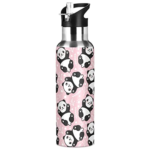 ALAZA Pink Pandas Water Bottle with Straw Lid Vacuum Insulated Stainless Steel Thermo Flask Water Bottle 20oz