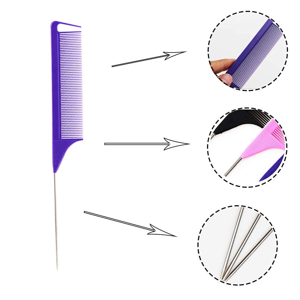 Generic 3 Pack Rat Tail Comb Steel Pin Carbon Fiber Heat Resistant Parting Combs with Stainless Steel Pintail Purple