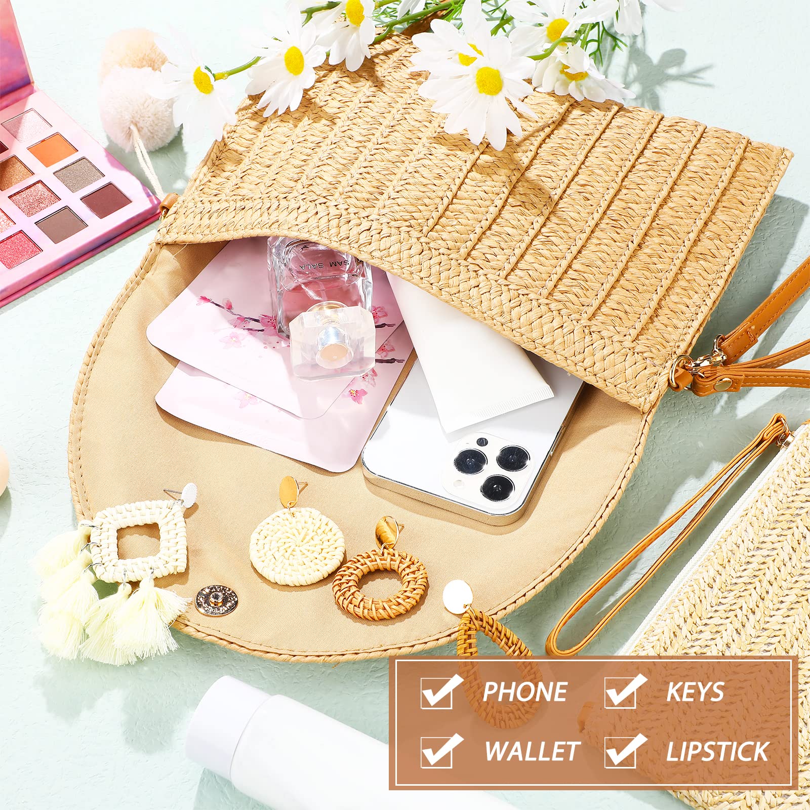 2 Pcs Women's Straw Clutch Purse and 4 Pairs Rattan Earrings Lightweight Boho Geometric Woven Straw Earrings (Retro Style)