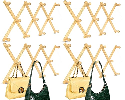 4 Pcs Expandable Hat Rack Coat Rack Wooden Accordion Wall Hanger Wall Mount Hat Rack Holder for Hanging Coffee Mug Cup Jackets Purses Necklaces Towels Leash Belt Umbrella (Wood Color, 10 Hooks)