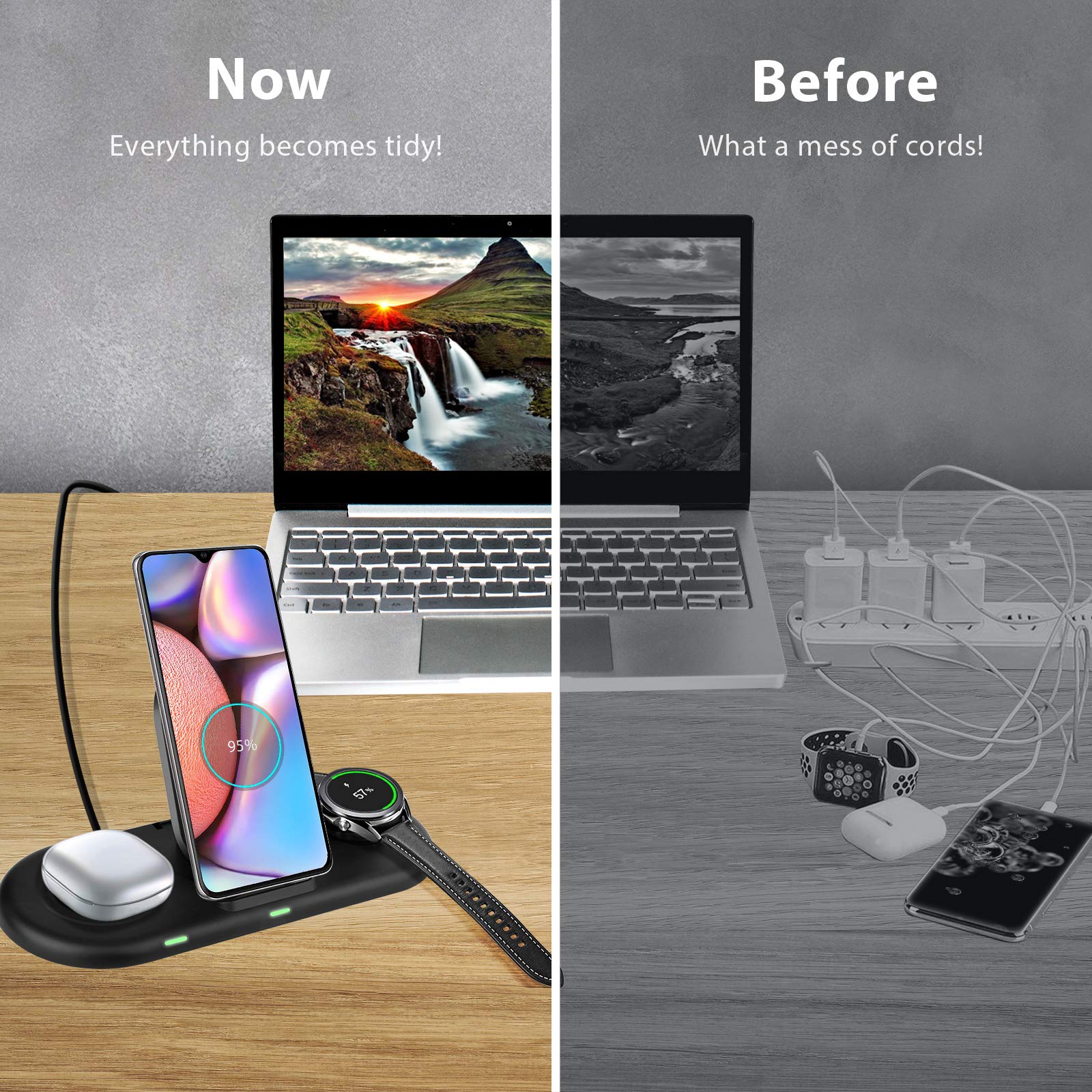 Wireless Charging Station 3 in 1, Fast Wireless Charger for Samsung Galaxy Watch 4, Active 2 Series and Galaxy Buds Series, Phone Charger Stand Dock Compatible with Samsung Galaxy S22 S20 Note(Black)
