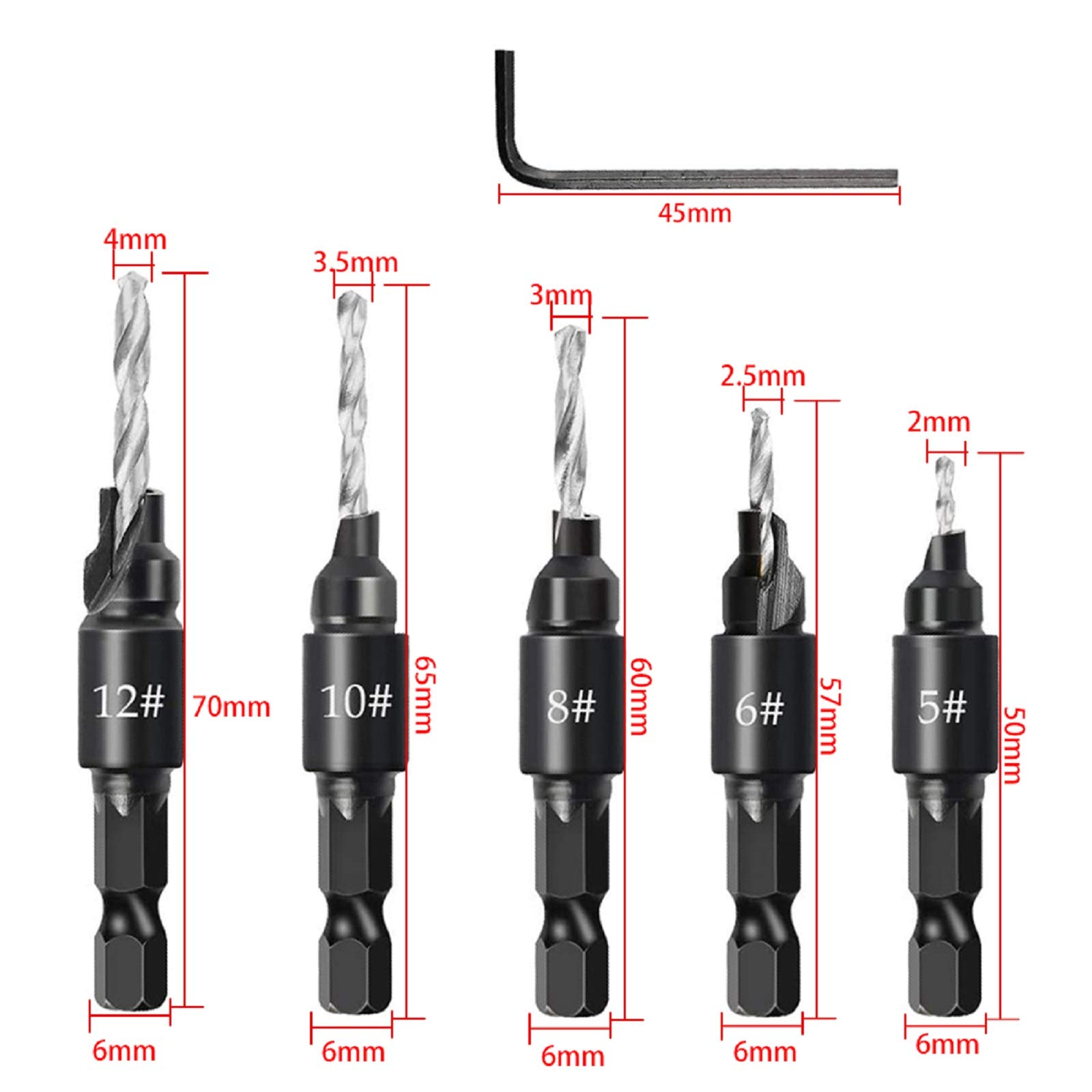 DAYREE 5PCS Countersink Drill Bit Set Wood Drill Bit Set Woodworking Tools #5, 6, 8, 10, 12