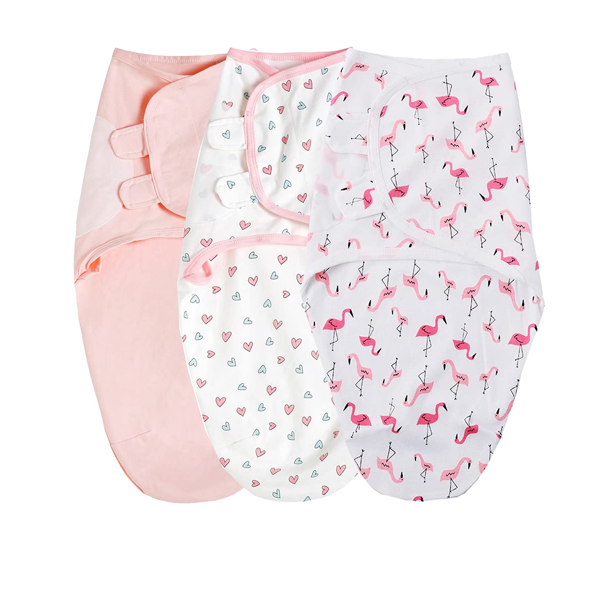 Generic 3 Packs Baby Swaddle Blanket Wrap Set Smiley Love Heart Flamingo Newborn 3-6 Months Infant Breathable Cotton Sleep Sack with Adjustable Wings Swaddle Blanket,Pink,Large