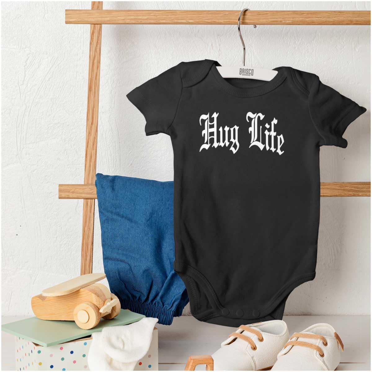Brisco Brands Hug Life Tattoo Letters Font Funny Baby Romper Boys or Girls