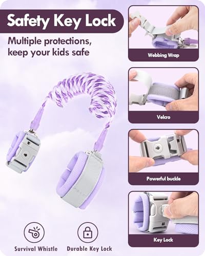 LilKisThk Child Leash, Backpack Leash for Toddlers 2 Pack, Kid Leashes Safety Harness with Key Lock, Baby Leashes Anti Lost Wrist Links (Blue+Purple)