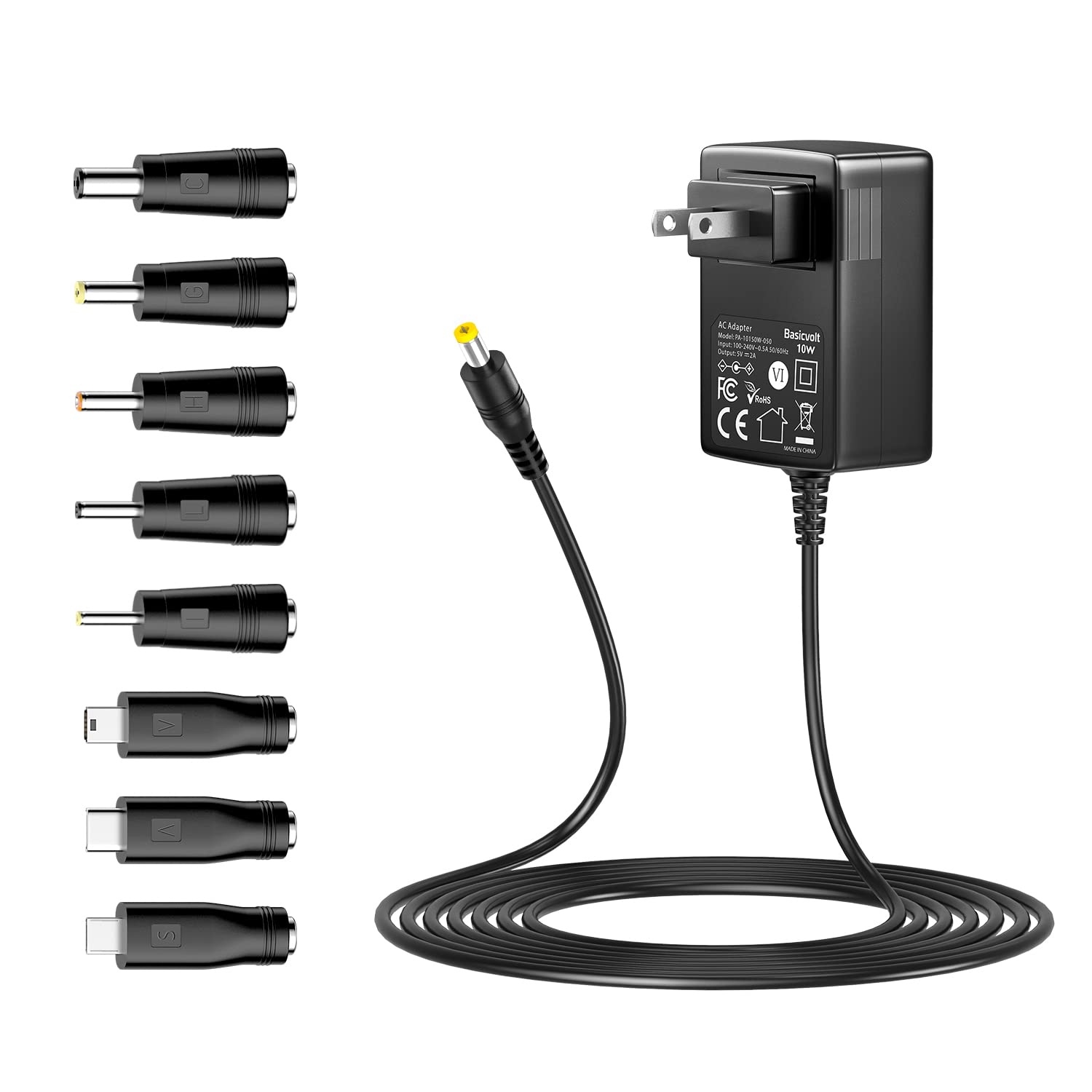 Basicvolt 5V 2A AC Adapter, Versatile 5Volt 2Amp Power Supply Wall Charger Power Adapter w/ 8 Tips for Camera, BT Speaker, GPS, USB Hub, TV Box, Webcam, Router and More 5V Electronics