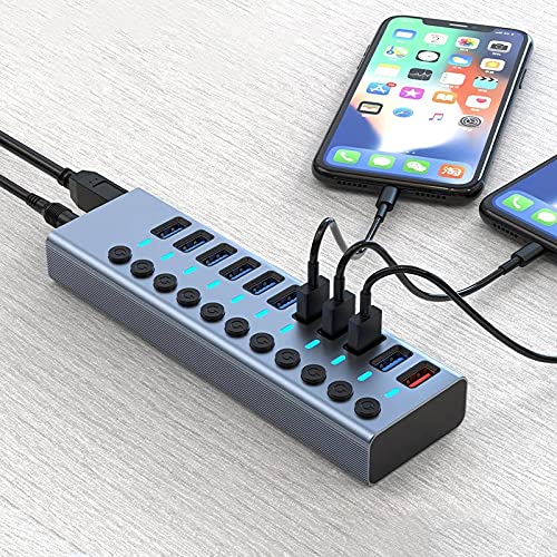 SHYPT Aluminum Alloy 11-Port USB3.0 Splitter 10 Port Computer Extended USB HUB 1 Port Fast Charging External 12V4A Power Supply