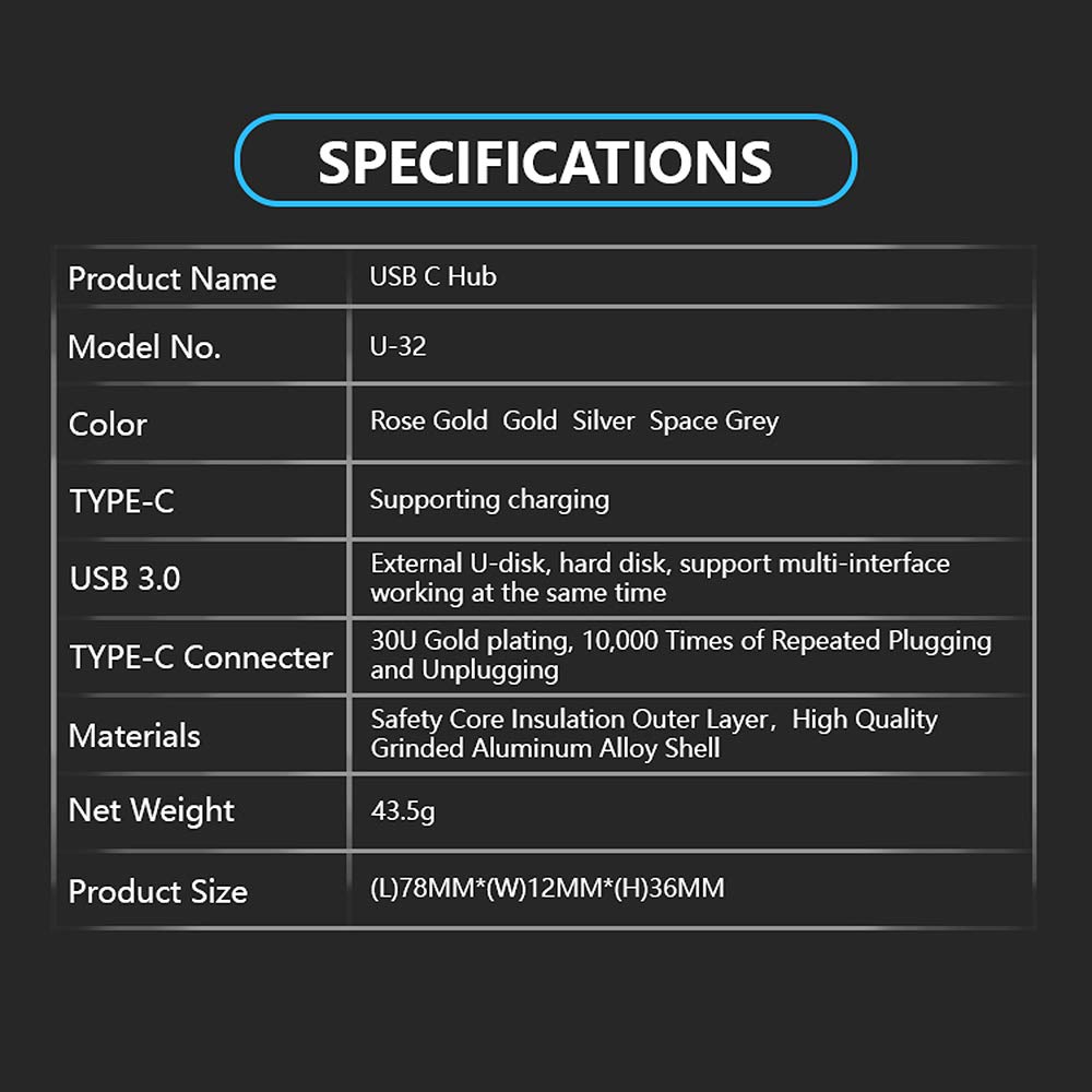 USB C hub HDMI Adapter, 4 in 1 Type C hub, 100W Power Supply, USB3.0 * 3+Type-C Interface, Suitable for MacBook Air, MacBook Pro, XPS, etc.
