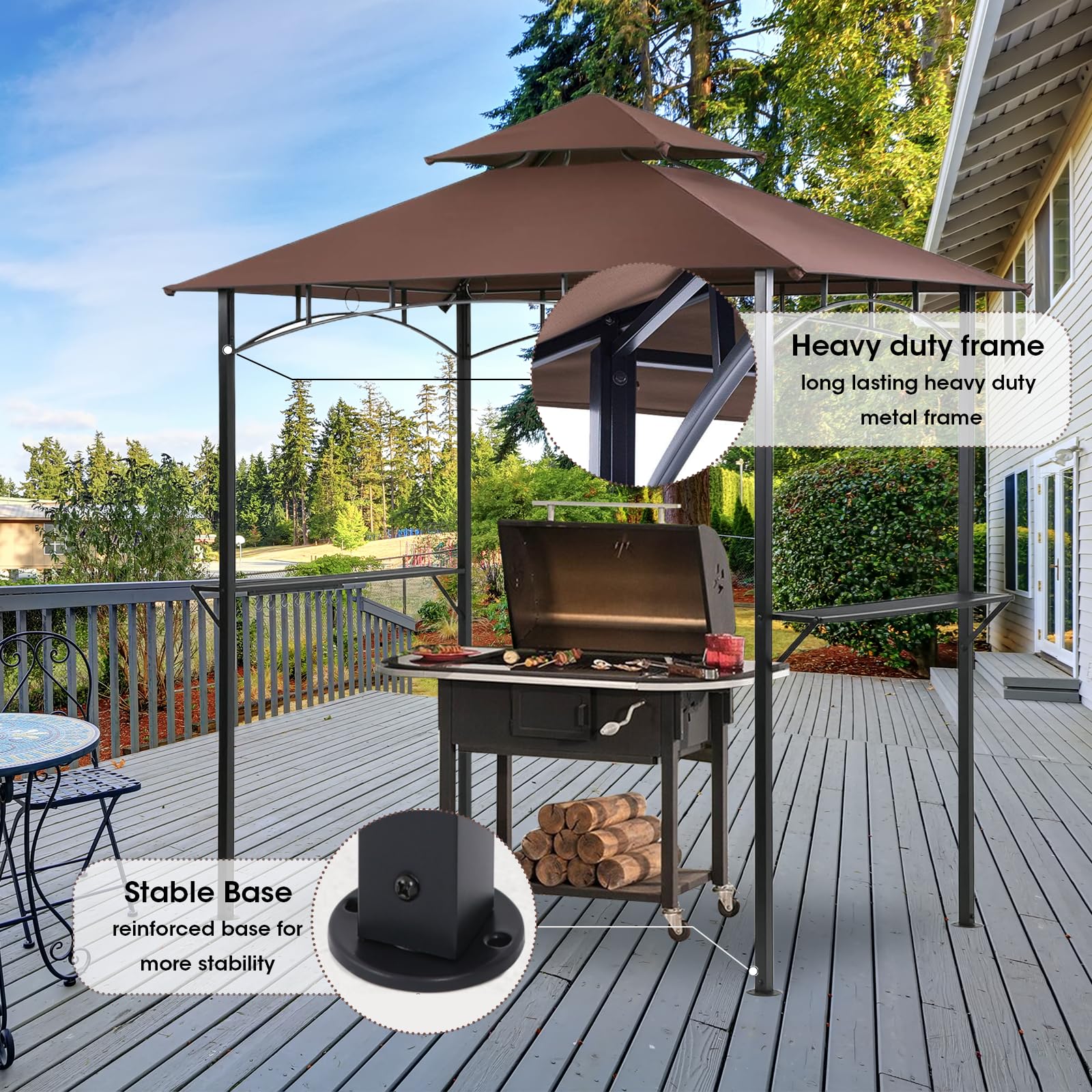 8'×5' Grill Gazebo, Outdoor BBQ Gazebo with Double Tier Canopy Roof, Barbeque Gazebo with 2 Shelves