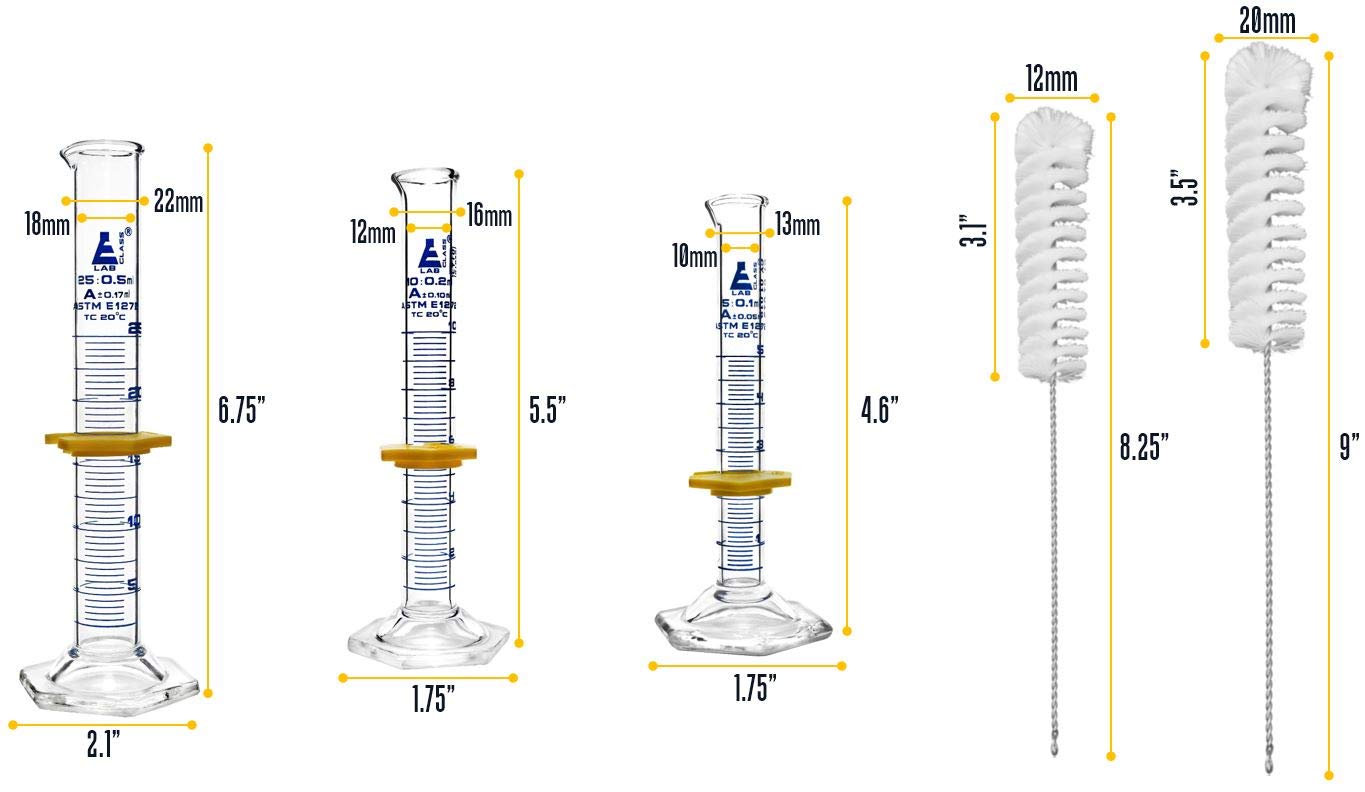 EISCO Graduated Cylinders & Cleaning Brushes - 5 Piece Set - ASTM, Class A - 5mL, 10mL, 25mL - Blue Graduations - 2 Nylon Bristle Brushes - Borosilicate 3.3 Glass