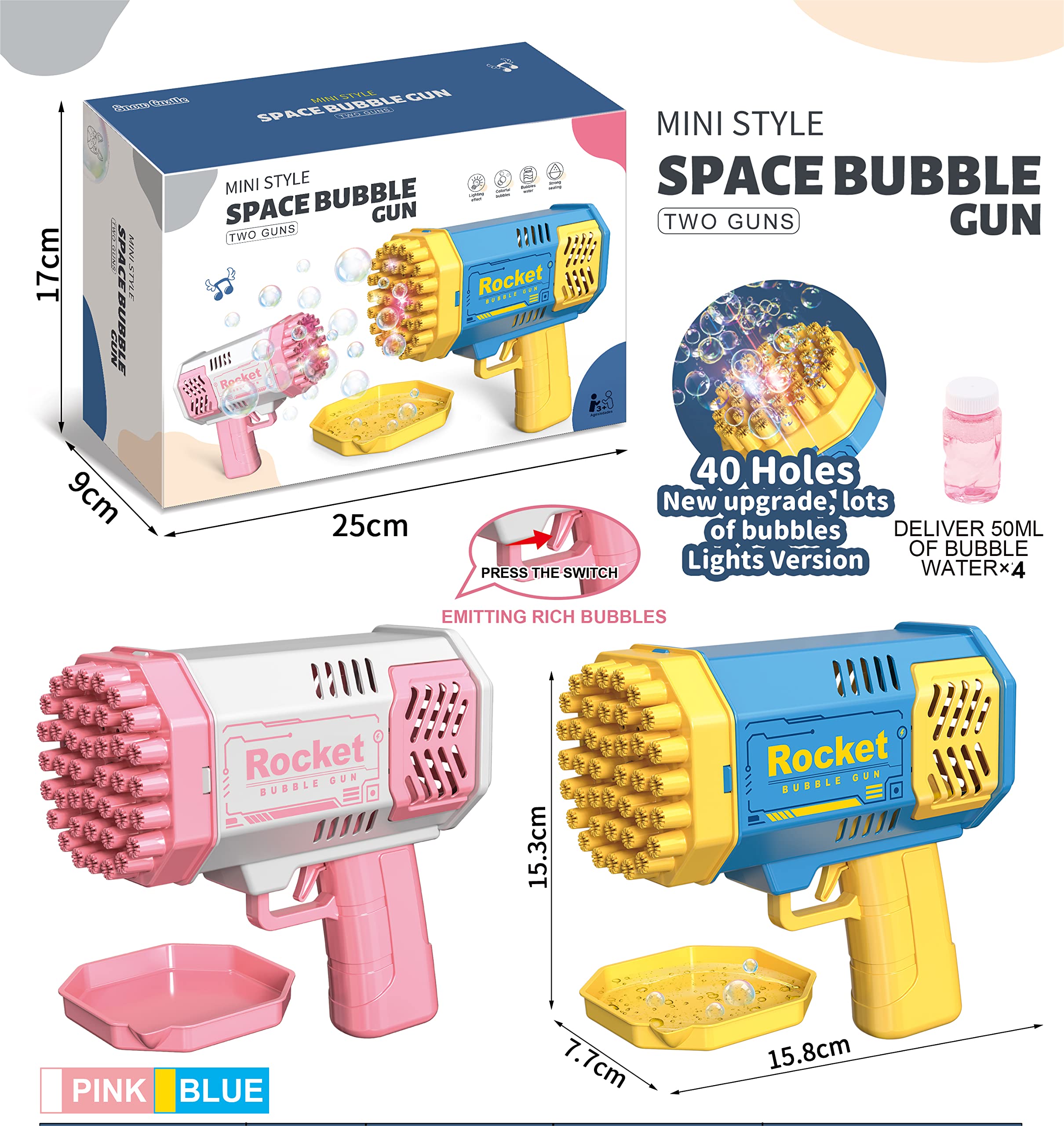 2 Packs Mini Bubble Gun for Kids Toddlers Automatic 40 Holes Bubble Blaster Gun Machine with Bubble Solution