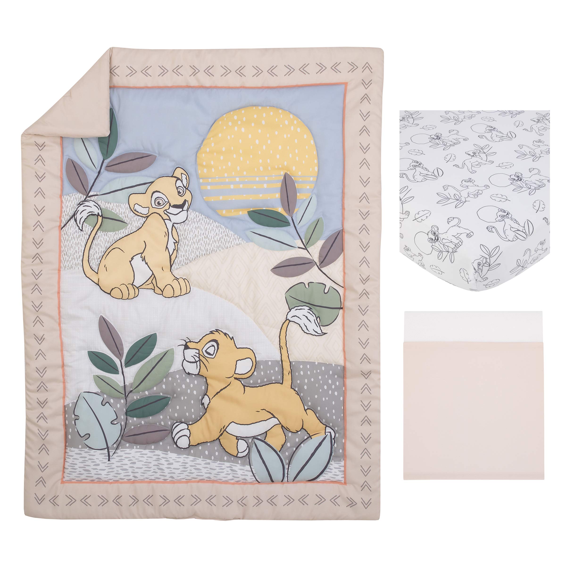 Disney Lion King Leader of The Pack Grey, Sage, Ivory and Yellow 3 Piece Nursery Crib Bedding Set - Comforter, Fitted Crib Sheet, and Crib Skirt