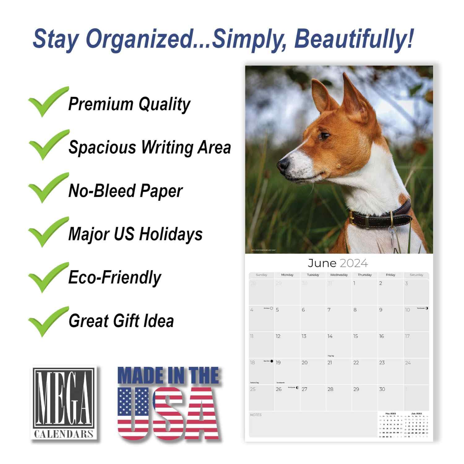 2023 2024 Basenji Calendar - Dog Breed Monthly Wall Calendar - 12 x 24 Open - Thick No-Bleed Paper - Giftable - Academic Teacher's Planner Calendar Organizing & Planning - Made in USA