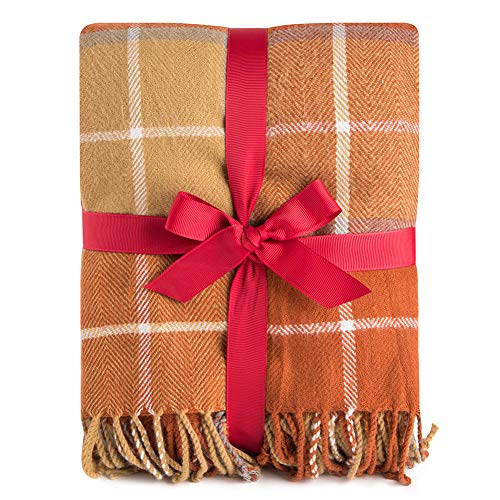 G Lake Orange Plaid Blanket Throw Acrylic Soft Reversible Dyed Fringed Bed Blanket Gift for Christmas Decorations 50" W x 67" L-Pumpkin Orange