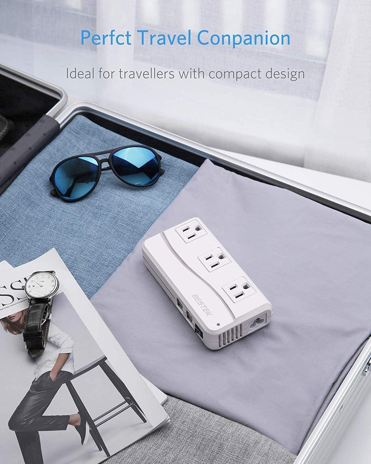BESTEK Universal Travel Adapter 100-220V to 110V Voltage Converter 250W with 6A 4-Port USB Charging 3 AC Sockets and EU/UK/AU/US/India Worldwide Plug Adapter (White)
