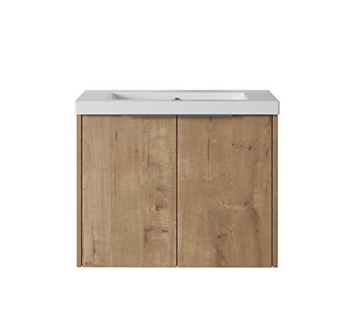 24-Inch Wall Mounted Bathroom Vanity with Sink Combo Modern Single Bathroom Vanity Set with Top Basin & Storage Cabinet Wood Hanging Bath Cabinet w/Resin Sink for Bathroom(Oak White-24'')