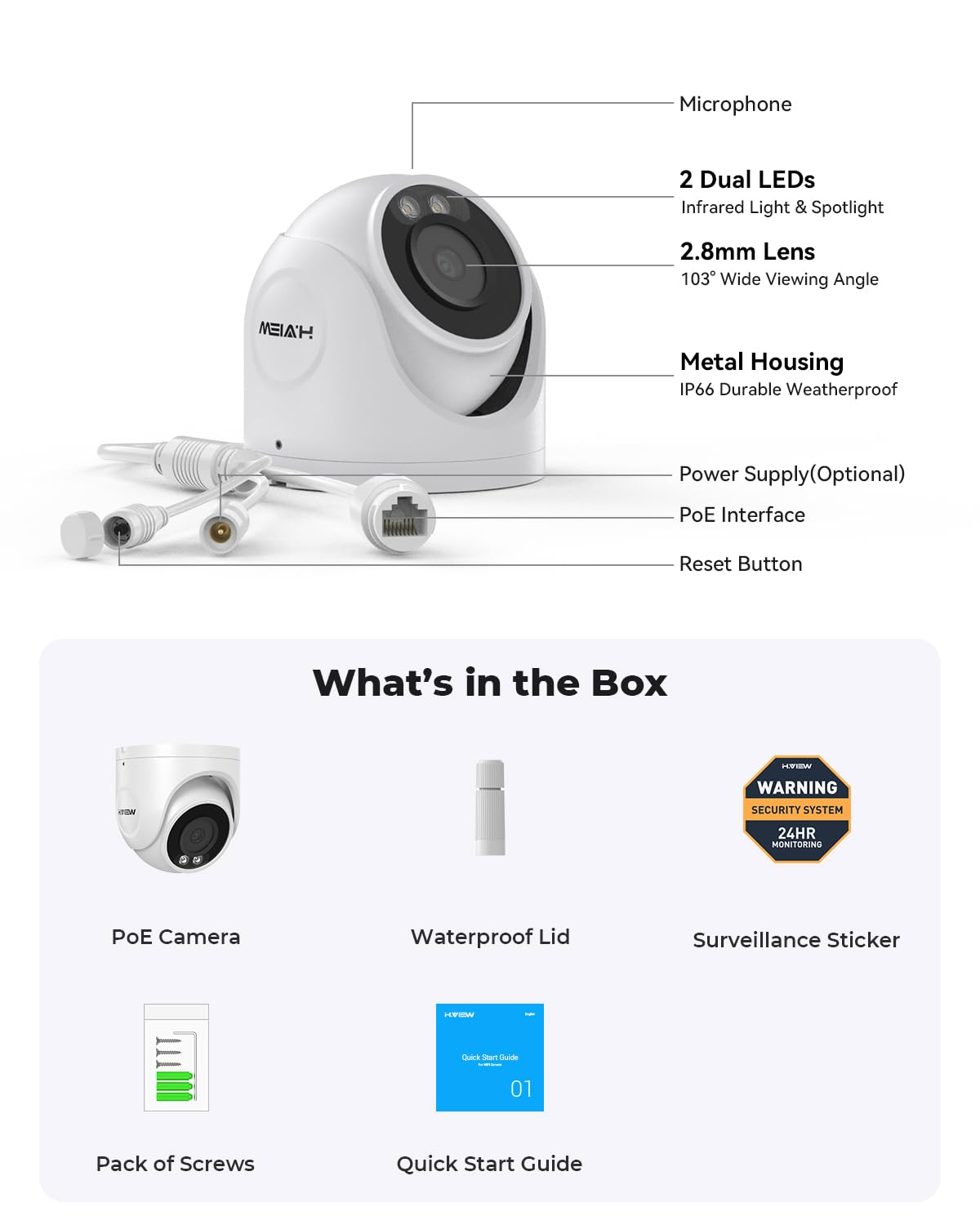 H.VIEW 8MP/4K Outdoor Dome Security POE IP Camera, Smart Dual Illumination, 100ft Night Vision, 2.8mm Lens Wide Angel, IP66, One-Way Audio, H.265+, Smart AI Detection, (Hikvision Compatible)