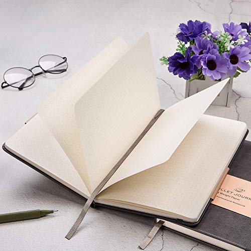 Dotted Grid Notebook/Journal - Dot Grid Hard Cover Notebook, Premium Thick Paper with Fine Inner Pocket, Dark Gray Smooth Faux Leather, 5''×8.25''