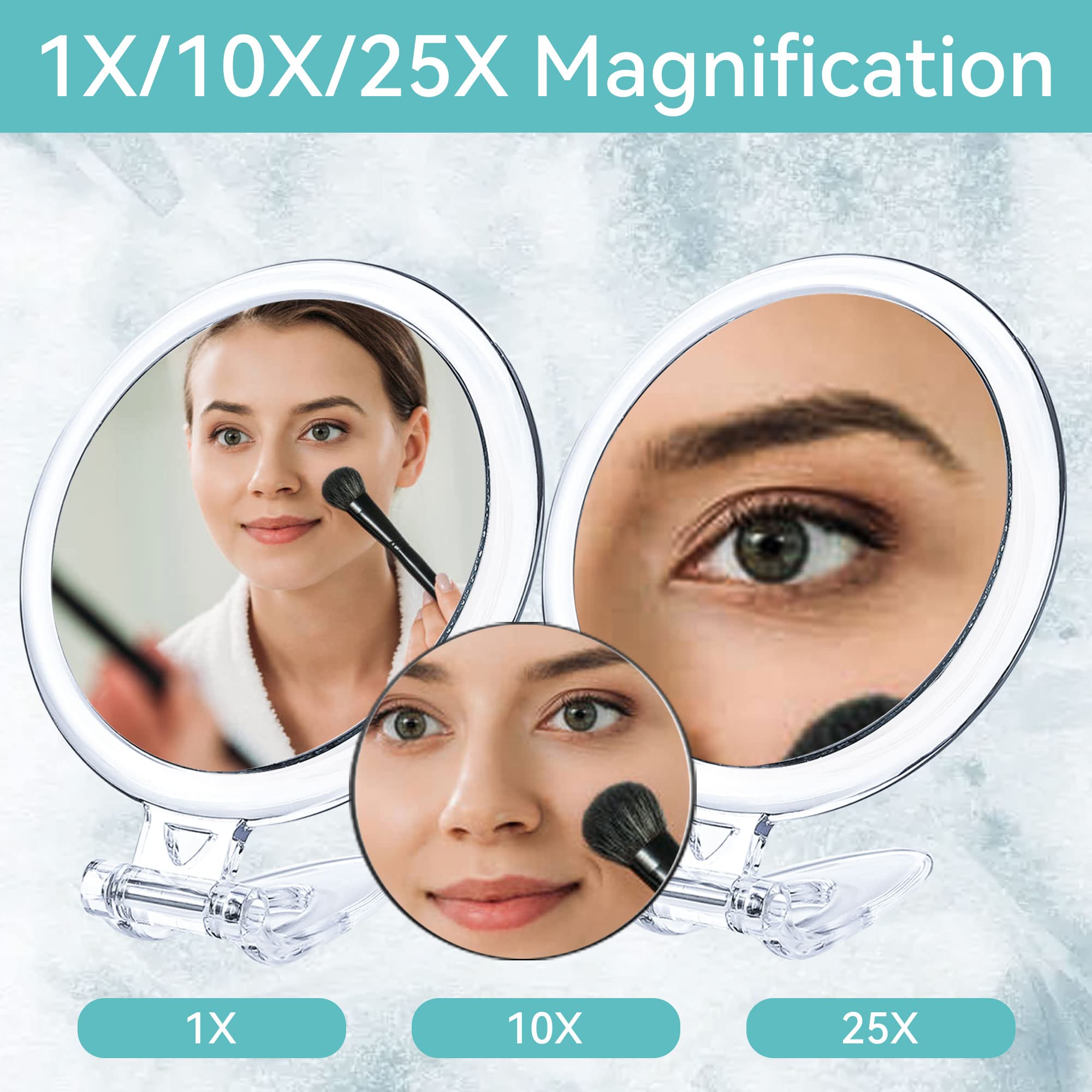 25X Magnifying Mirror Set, 25X/1X Double-Sided Hand Held Magnified Mirror & 10X Magnifying Mirror Suction Cup,Perfect for Precise Makeup Applications & Blackhead/Blemish Removal Handle A