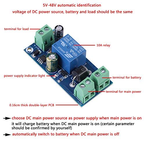 DC Backup Battery Switching Module, 5V~48V 10A Battery Charging Automatic Switch Adapter, Emergency Power Controller Module