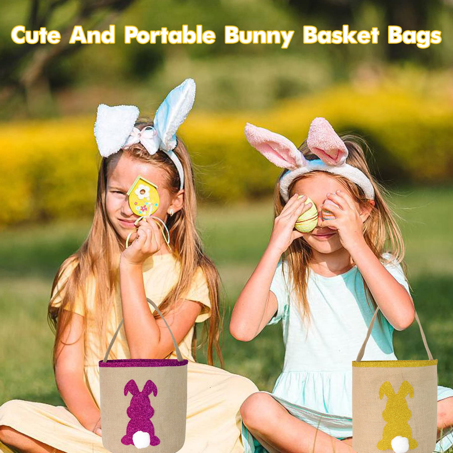 5 Pcs Easter Bunny Basket Bags, Canvas Easter Tote Bags for Kids Gift Bunny Ear Tote Bags Rabbit Ears Design Baskets for Kid's Egg Hunting Party Decoration Toys