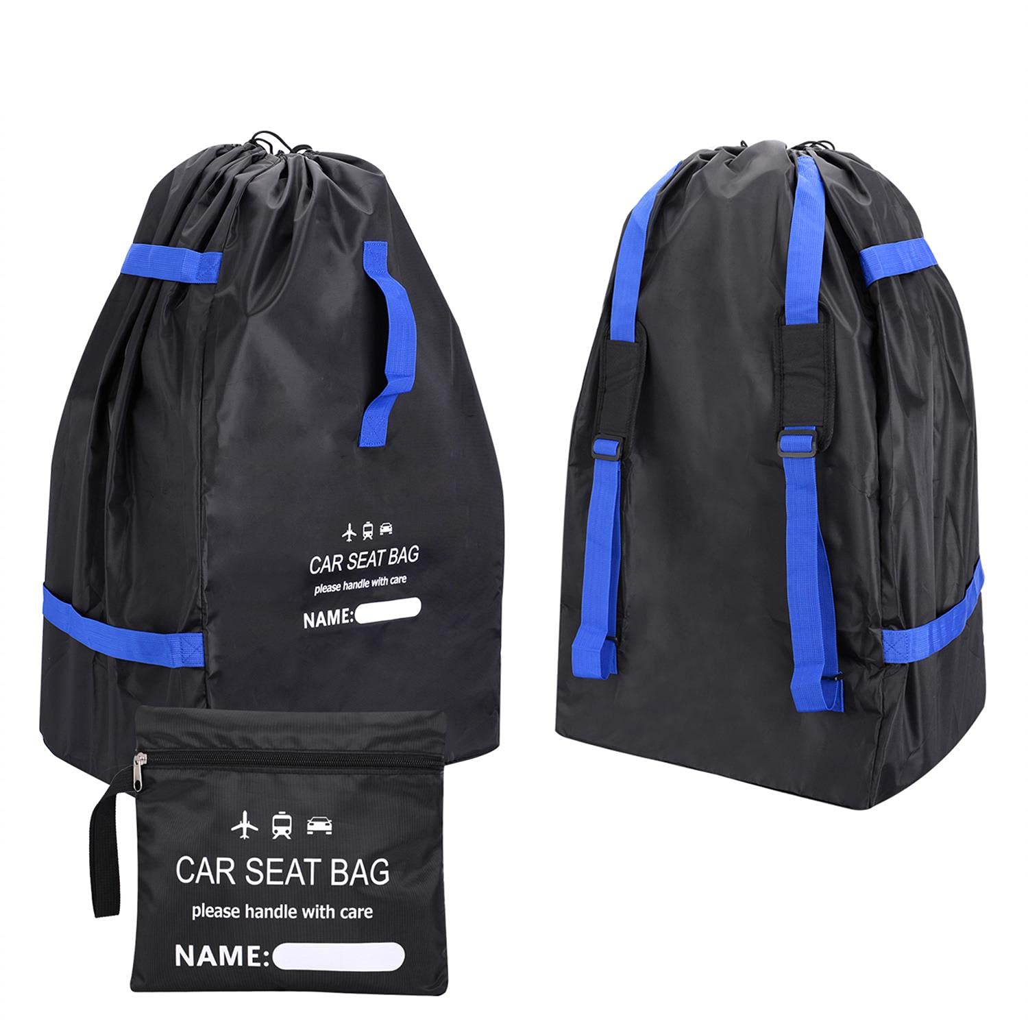 RAIFUJOIE Car Seat Bag Universal Fit Travel Bag Gate Check Bag with Adjustable Contrast Blue Back Straps with Padding Collapsible and Self Organizer Case Pocket