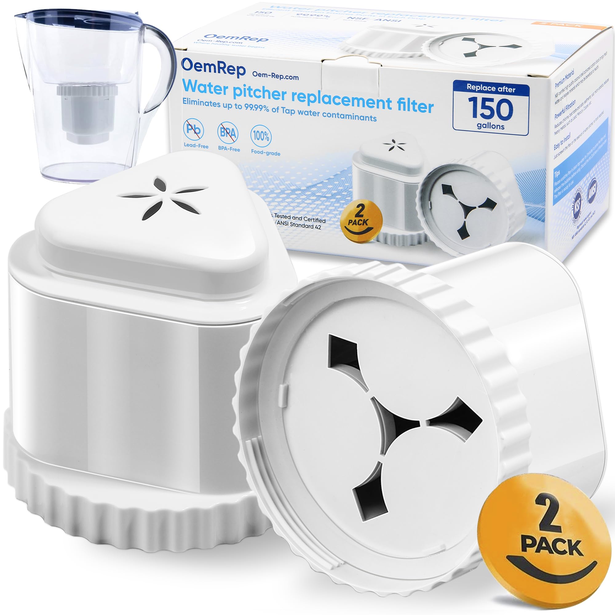 2Pack Replacement Filter for EPIC Water Filter Pitcher, Water Filter Pitcher Compatible with Aquagear Seychelle, BPA Free. Removes Fluoride, Chlorine, Lead, Odors