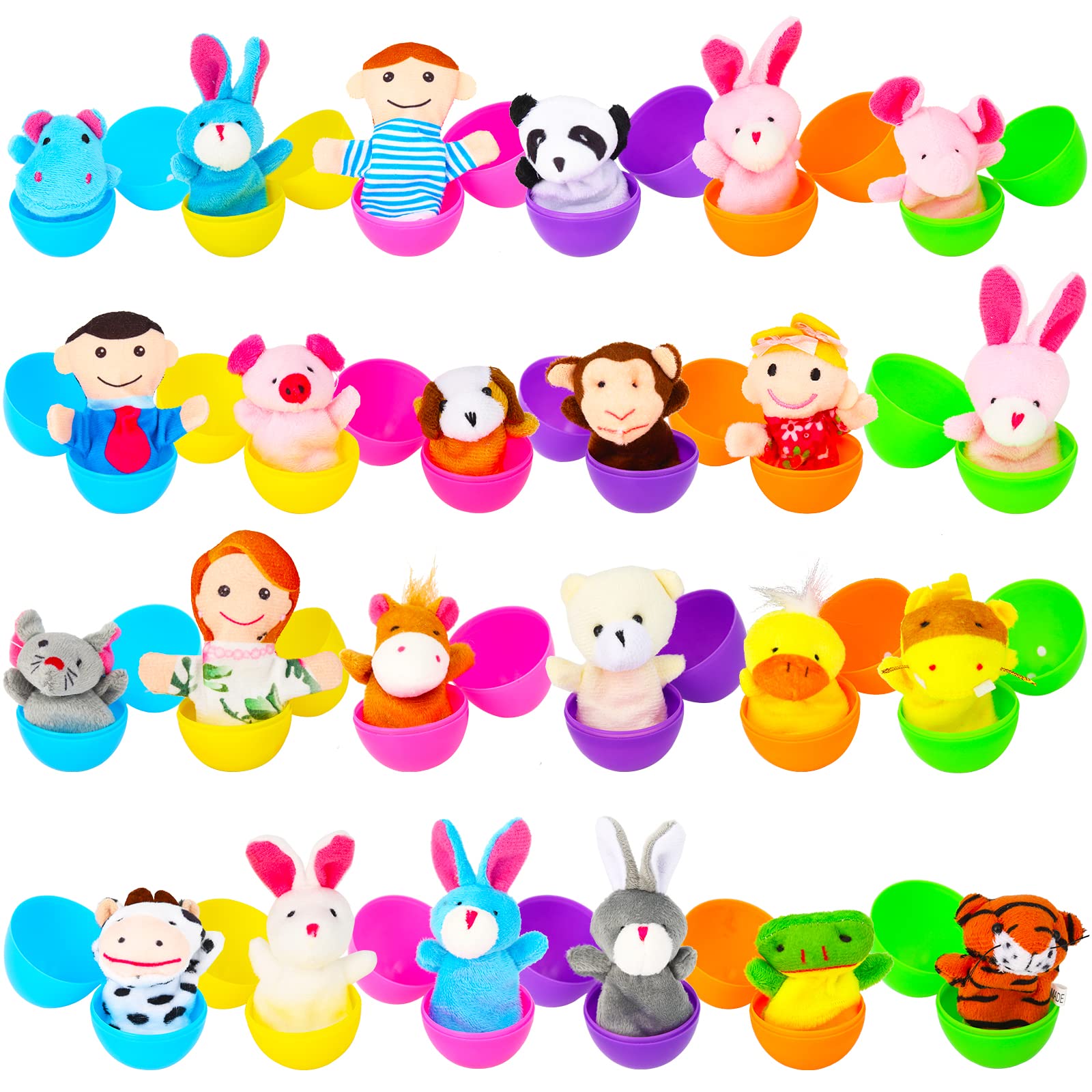 24pcs Easter Eggs Filled with Mini Animal Finger Puppets Plush Toys, Plush Animals Finger Puppets Easter Toys for Kids Easter Party Basket Stuffers, Easter Eggs Hunt Gift Exchange, Classroom Rewards