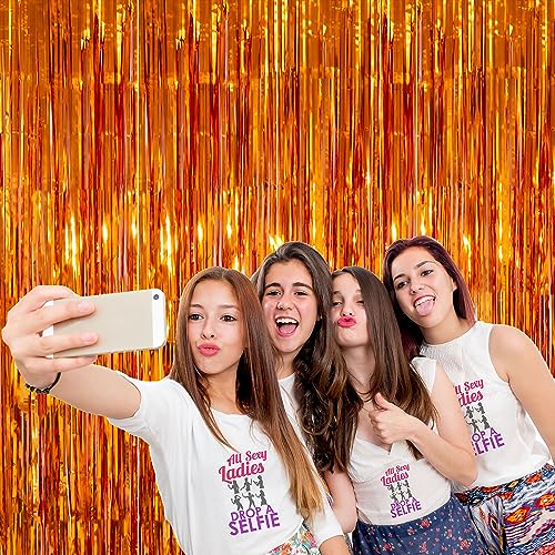 2 Pack 3.2x8.2ft Tinsel Foil Fringe Curtains, Streamers Backdrop Curtains with Adhesive, Photo Booth Background - Home Wall Window Decorations for Birthday, Wedding Party Decor, Orange
