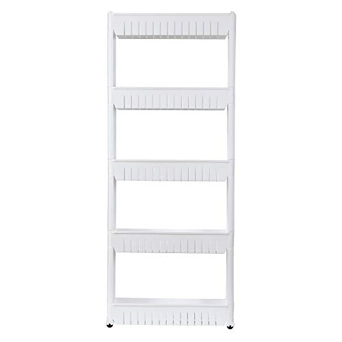 5.1in Slim Rolling Storage Cart on Wheels Narrow Plastic Shelf Unit Movable 5-Tier Thin Storage Utility Cart Rack for Bathroom, Bedroom, Office, Kitchen, Living Room (White, 5-Tier)