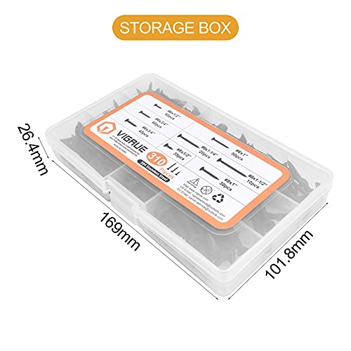 VIGRUE 310 Pcs #6 1/2'' to 1'' #8 1/2'' to 1-1/2'' Wood Screws Black Oxide Coated Stainless Steel Flat Head Phillips Drywall Screw Assortment Kit, Self Tapping Screws Kit in 8 Sizes