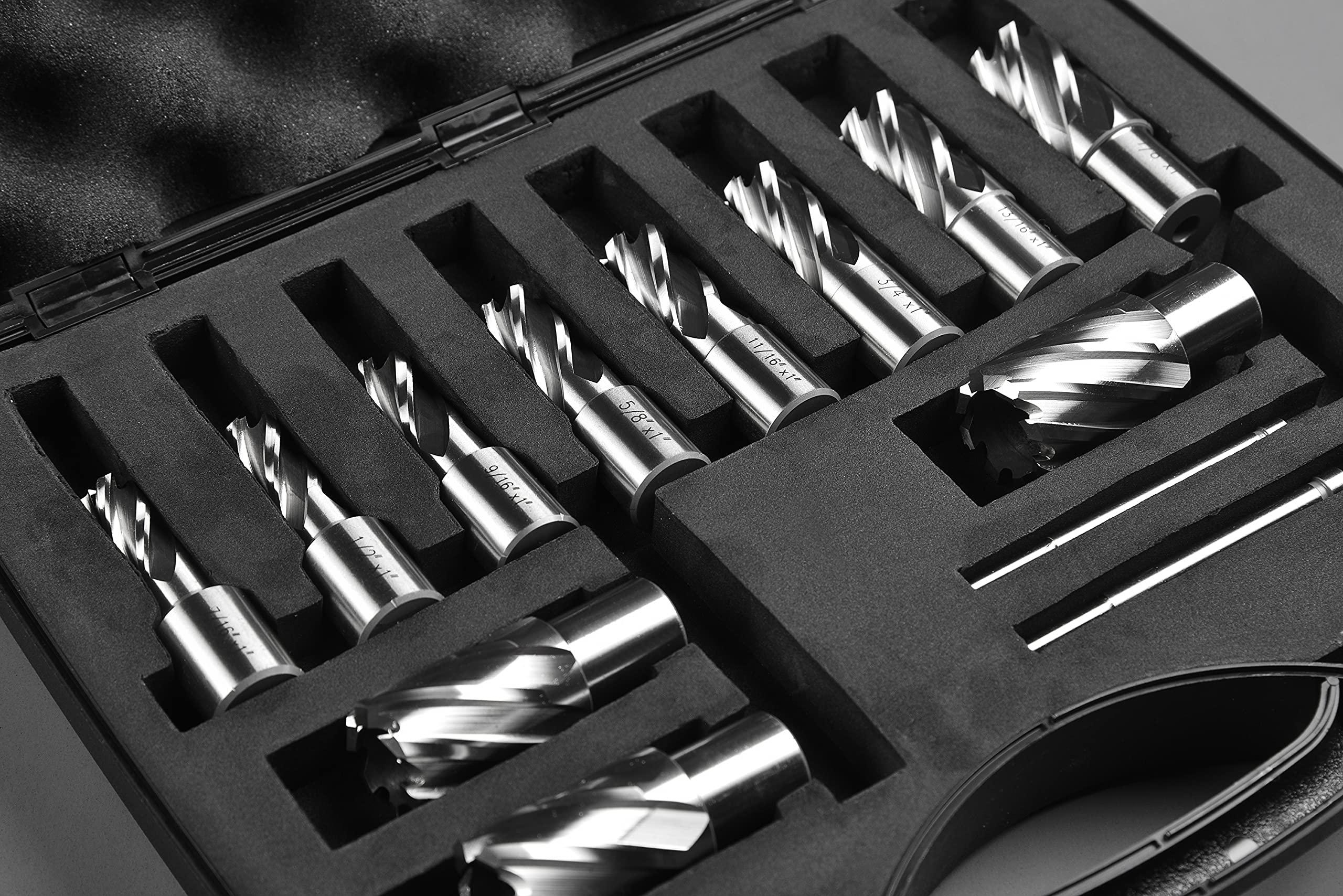 Annular Cutter Set 13 pcs JESTUOUS 3/4 Inch Weldon Shank 1 Cutting Depth and Cutting Diameter from 7/16 to 1-1/16 for Mag Drill Press HSS Standard Kit Two Flat with 2 Pilot Pins