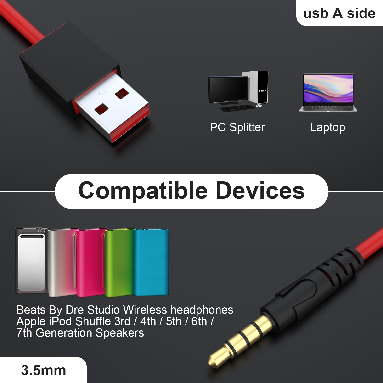 Alitutumao USB 3.5mm Cable Wire Solo Wireless Headphones Wireless Charger Cord Compatible with Beats by Dr Dre Solo Studio Wireless Headphones (Red)