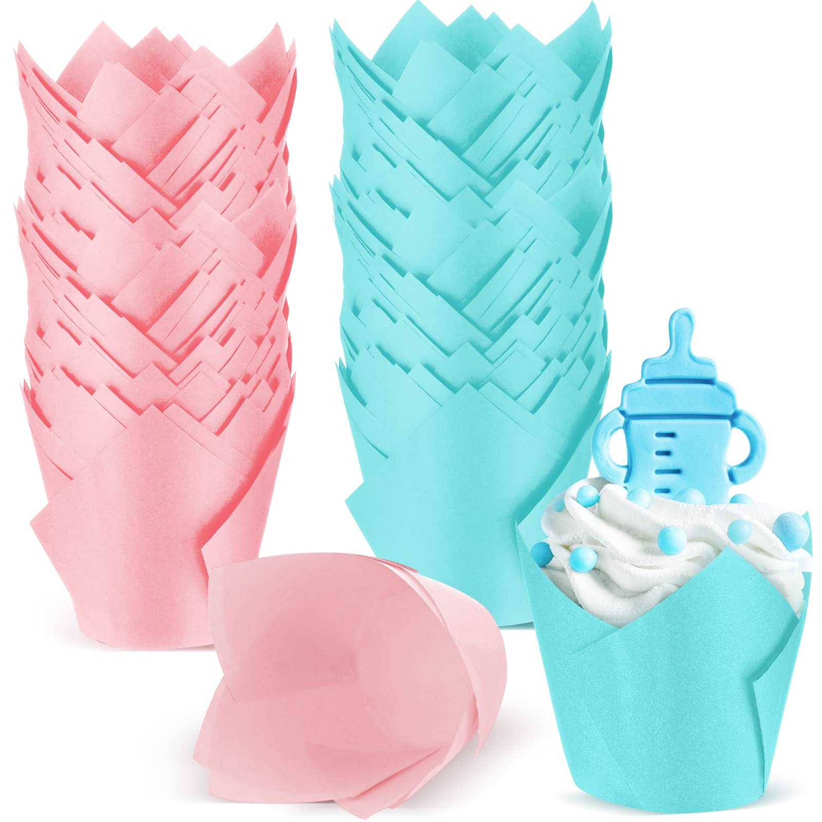200 Pcs Tulip Cupcake Liner for Baking Pink and Blue Cupcake Liner Tulip Baking Cups Greaseproof Paper Cupcake Wrappers Baby Shower Muffin Liner for Team Girl Boy Gender Reveal Party Supplies