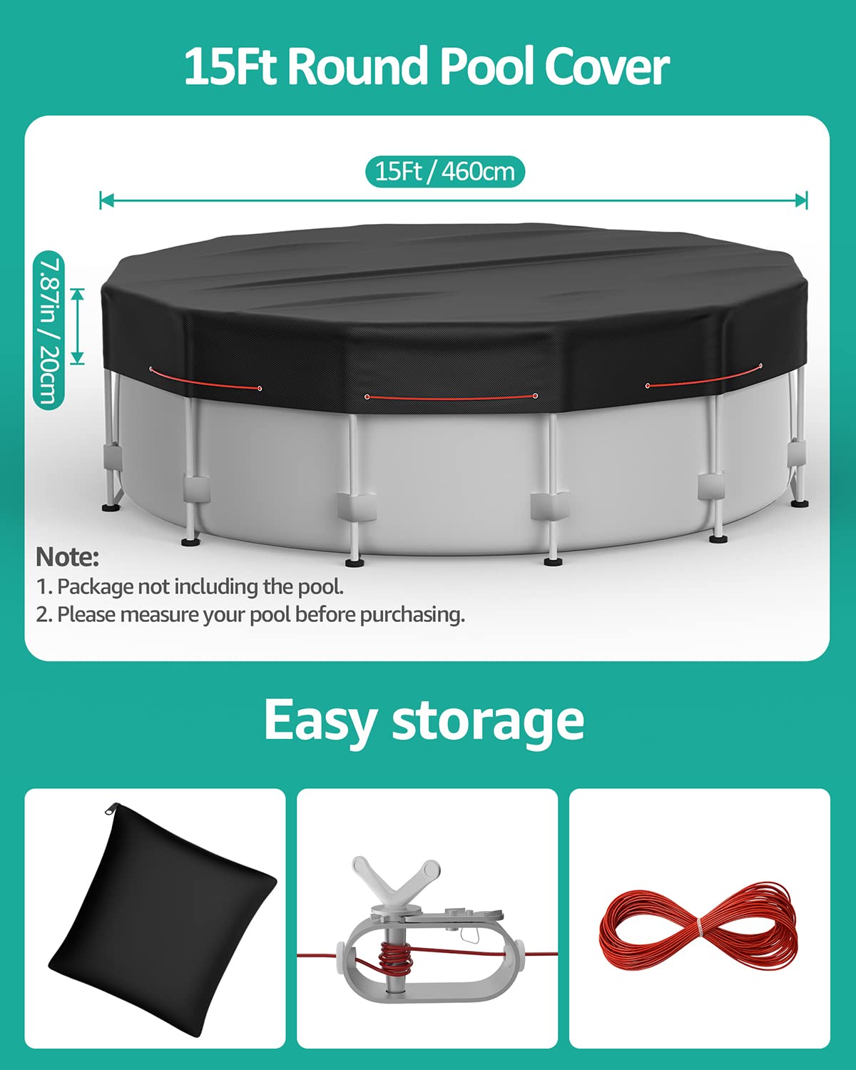 15Ft Round Pool Cover - Solar Covers for Above Ground Pools, Inflatable Pool Cover Protector with Steel Rope, Increase Stability Ground Swimming Inground Pools, Waterproof and Dustproof Hot Tub Cover