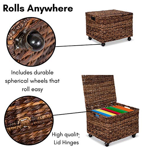 BirdRock Home Seagrass Rolling File Cabinet - Storage Organizer Box with Lid - Home Office Decor - Decorative Organize - Letter Legal Hanging Filing Container - Strong Durable Toy Pillow - Espresso