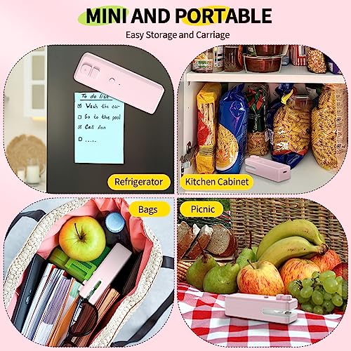 Bag Sealer Mini, 3 in 1 Mini Bag Sealer Heat Seal with Cutter & Magnet, Rechargeable Mini Chip Bag Vacuum Sealer Machine for Reseal Plastic Bags & Keep Snacks Fresh, Portable Kitchen Gadget (PINK)