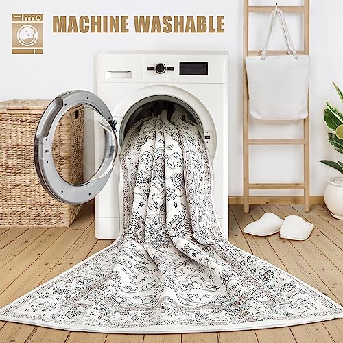 Area Rug Living Room Rugs - 5x7 Machine Washable Soft Farmhouse Boho Moroccan Floral Thin Rug Indoor Floor Carpet for Bedroom Under Dining Table Home Office Decor - Brown