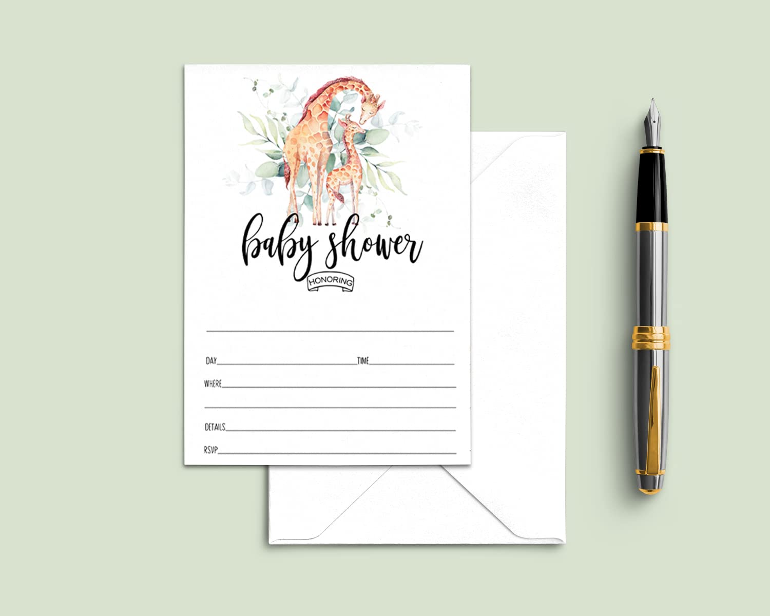 Giraffe Baby Shower Invitations Gender Neutral (25 Pack) Blank Invites for Reveal Parties – Greenery Theme Boy or Girl – Handwrite Party Details on Printed Invitation with Envelope Set 5x7