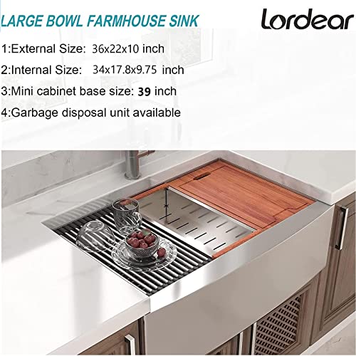 36 Farmhouse Sink Stainless Steel - Lordear 36 inch Kitchen Sink Apron Front Ledge Workstation 16 Gauge Stainless Steel Single Bowl Luxury Farm Sink Basin