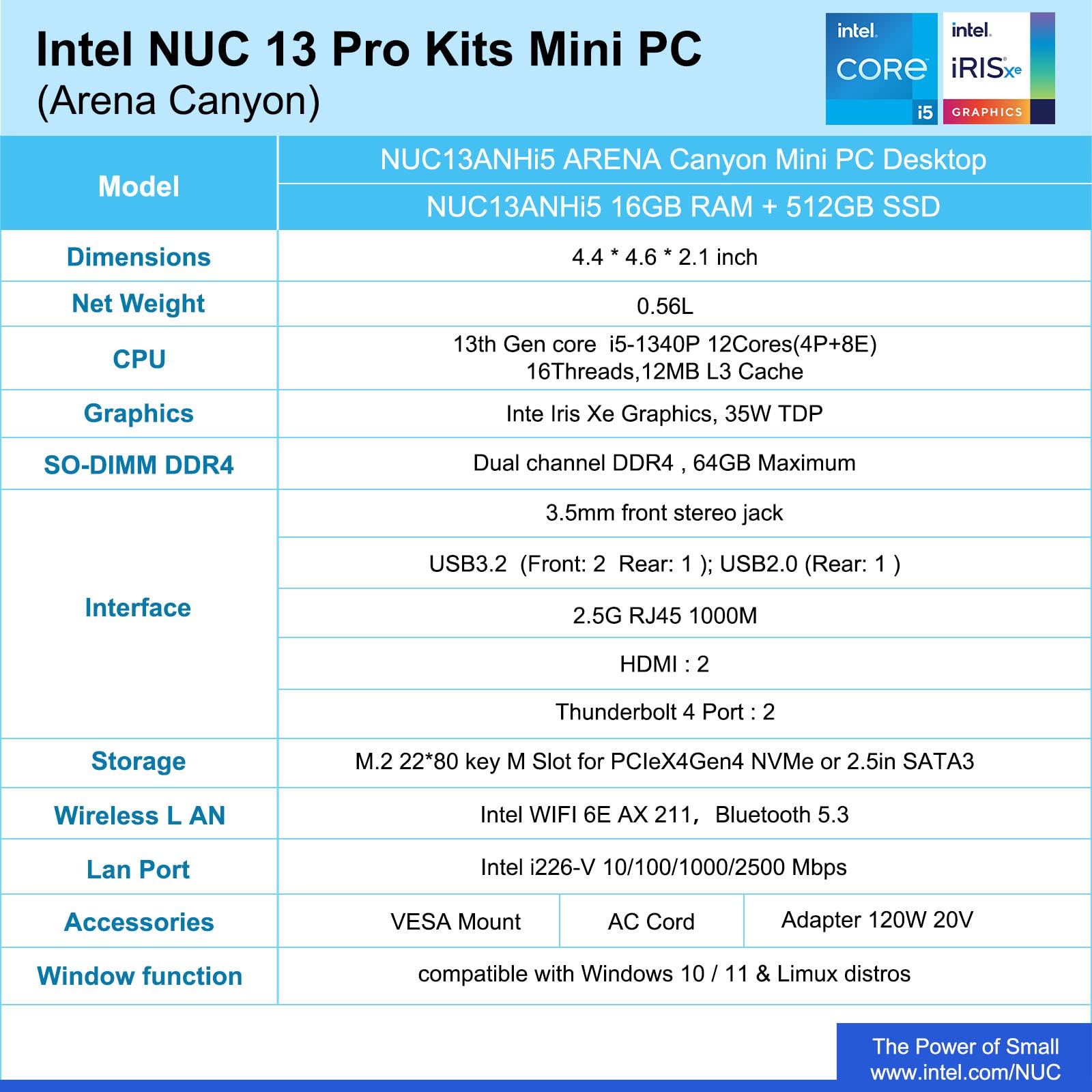 2023 Intel NUC 13 Pro,NUC13ANHi5 Versatile Mini PC 16GB RAM&512GB SSD with Core i5-1340 Processor (12Core&Up to 4.6GHz Turbo,Intel Iris Xe Graphics) Support 4K/WiFi6E/BT5.3/Win11 Pro preinstalled