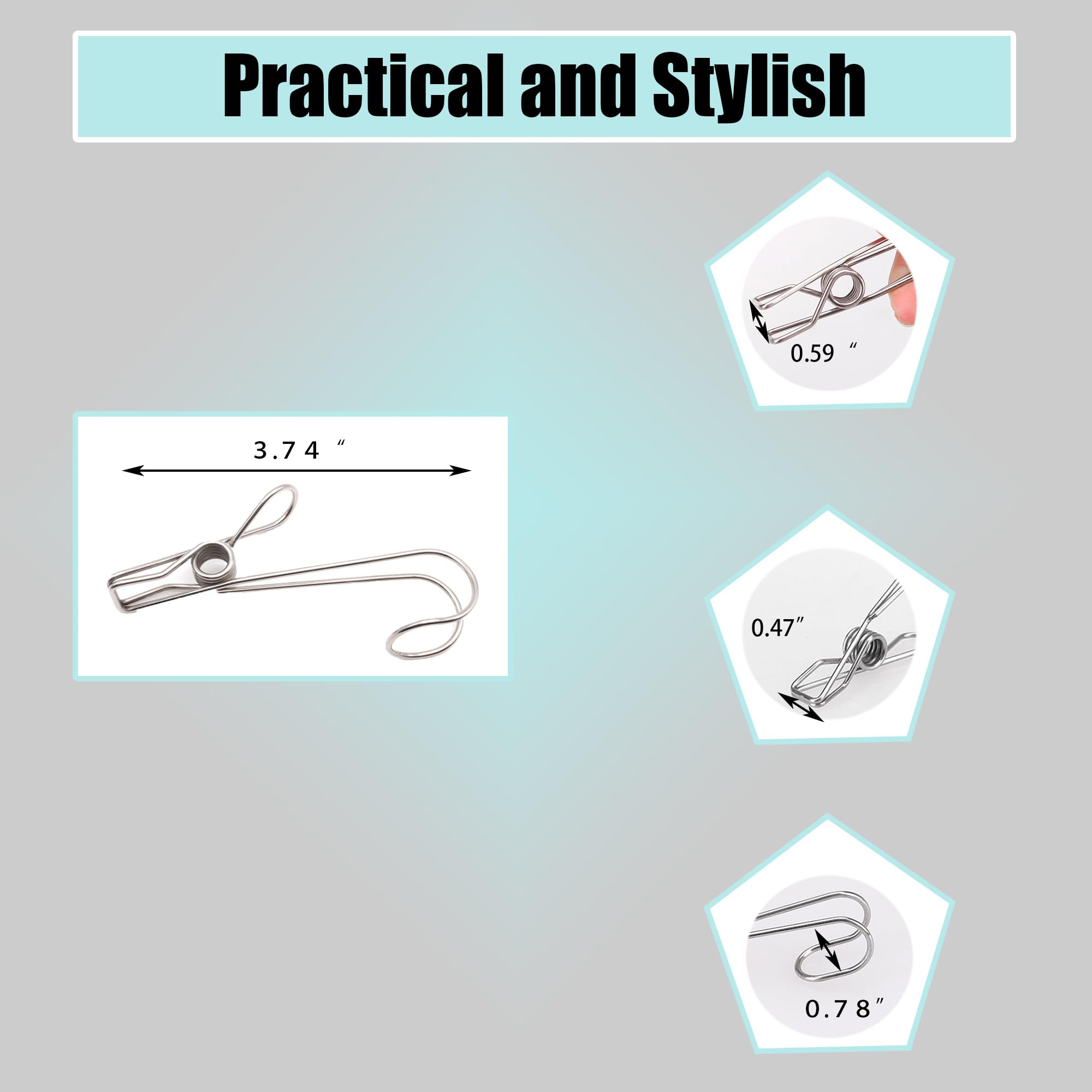 24Pcs Stainless Steel Metal Long Tail Clip with Hooks,Clips for Hanging- Ideal for Closet, Kitchen, Bathroom - Hang Photos, Cards, Stockings - Rust-304 Stainless Steel Clothes Pins