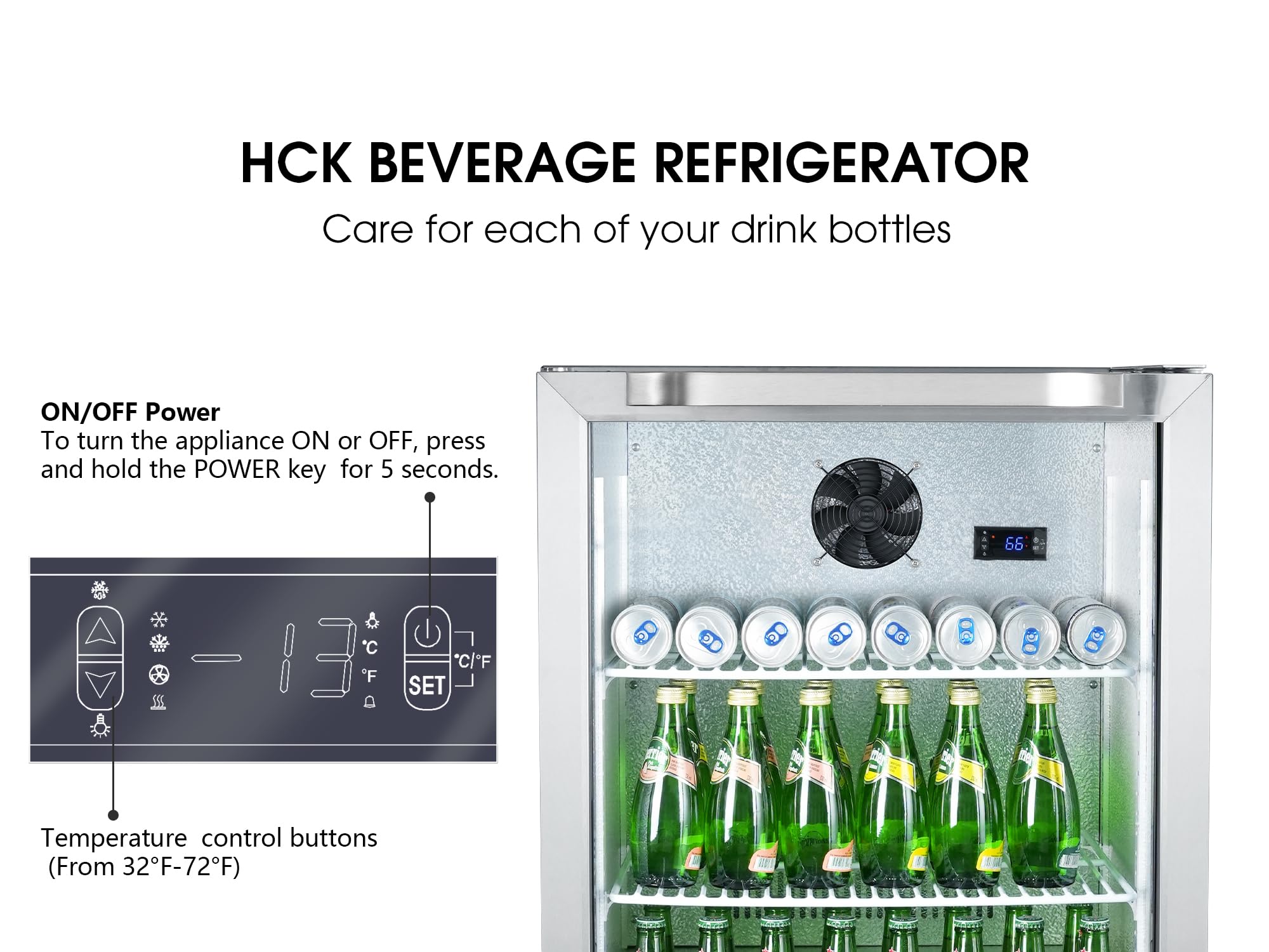 HCK 24 inch Freestanding/Built-in Beverage Cooler Refrigerator with 5.12 cu. ft. 161 cans Capacity, Undercounter refrigerators Reversible Glass Door and Stainless Steel Body for Soda Beer and Wine