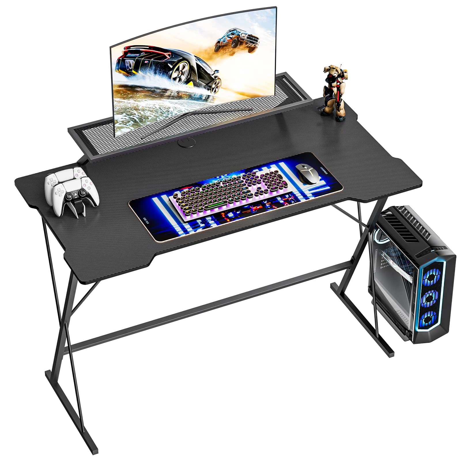 Bizzoelife Gaming Desk Home Office Table: 47Inch Z Shaped Home Office PC Computer Table, Gamer Workstation with Monitor Stand, Racing Style Game Tables with Cable Management Holes