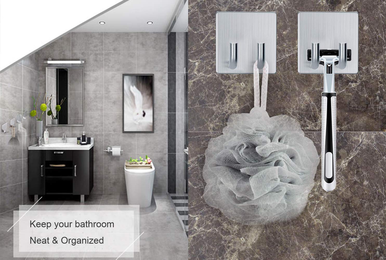 Adhesive Hooks Razor Holder Heavy Duty Wall Hooks Stainless Steel Waterproof Hangers For Kitchen Bedroom Bathroom,Stick on Hooks Antiskid Hooks Double Hanging Towel Robe Coat Key Brushed Nickel 2-Pack