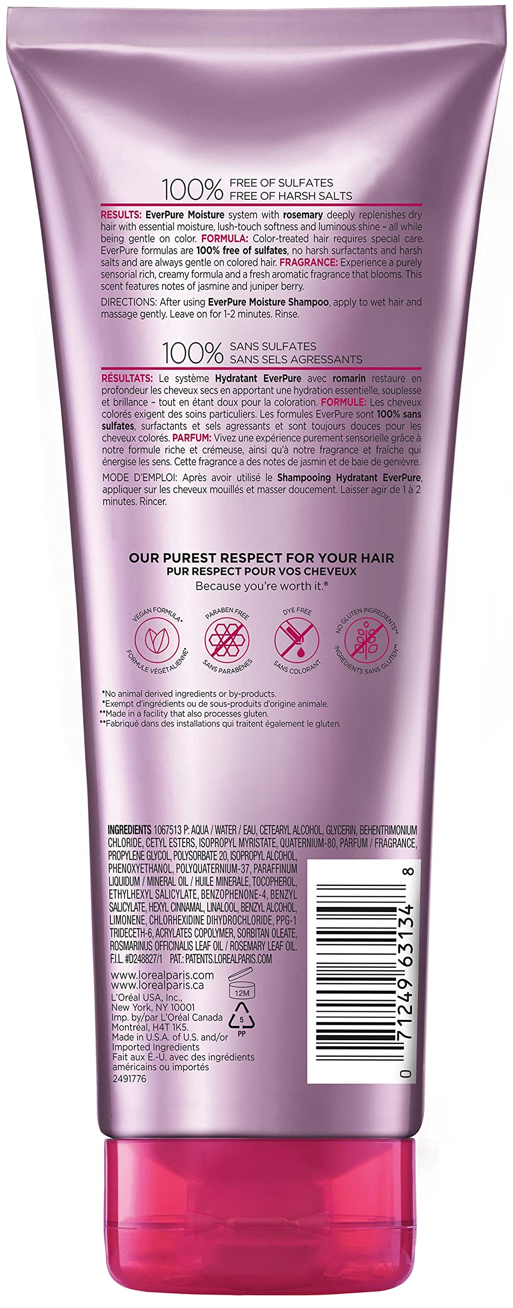 L’Oréal Paris EverPure Moisture Sulfate Free Conditioner, Hair Care for Color-Treated Hair with Rosemary Botanicals, 11 Fl Oz